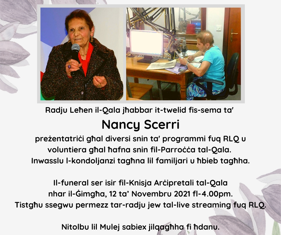 Tmut Nancy Scerri, preżentatriċi fuq ir-radju Leħen il-Qala