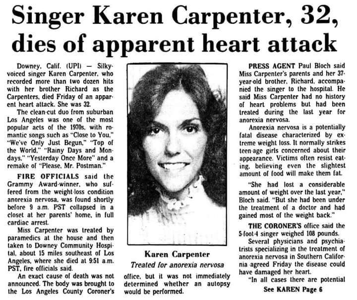 Remembering singer Karen Carpenter: Shedding light on anaorexia nervosa ...