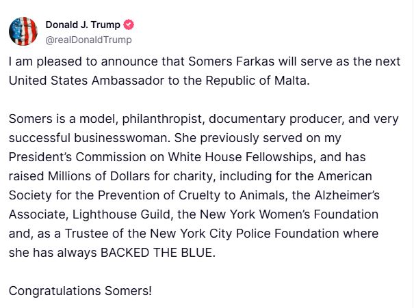 Trump announces Somers Farkas as U.S. ambassador to Malta